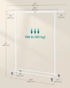 Oděvní stojan, kolečkový, max. nosnost 90 kg, bílý, nastavitelný mezi 92-132 cm