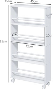 HOMCOM Servírovací vozík se 4 úrovněmi - Kuchyňský vozík na kolečkách s rukojetí a brzdami - Úzký kuchyňský regál pro kuchyni, kancelář a koupelnu, B…