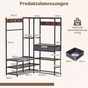 Costway Věšák s polstrovanou lavicí a věšákem na boty Věšák na oblečení s 2