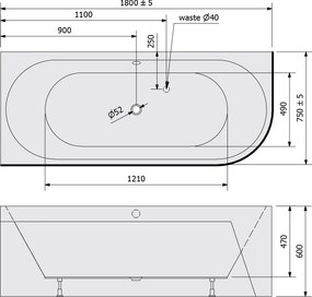 Polysan, VIVA L MONOLITH asymetrická vana 180x75x60cm, bílá, 72099M