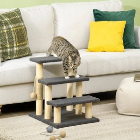 PawHut Kočičí Schody 3-Stupňové, 48 cm Pet Schody s Sisalovým Sloupem, Psí Schody s Hračkou, Pomůcka pro Vstup na Vyšší Postele, Borovicové Dřevo, Še…