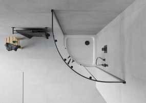 Mexen Rio, čtvrtkruhový sprchový kout 90(dveře)x90(dveře)x190 cm, 5mm sklo námraza, černý profil + bílá sprchová vanička SLIM, 863-090-090-70-30-4110B