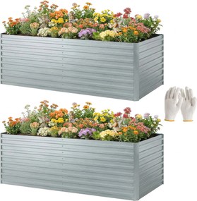 Outsunny 2× pozinkované vyvýšené záhony 180 × 90 × 60 cm — hluboké obdélníkové truhlíky s podpěrami, otevřeným dnem, včetně rukavic, pro zeleninu, ov…