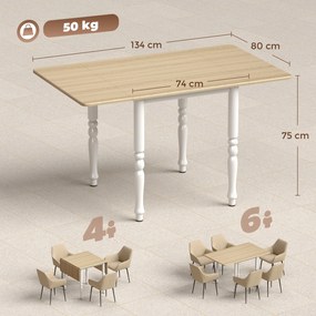 HOMCOM skládací stůl pro 4 až 6 osob 74-134 cm, kuchyňský stůl se 2 klapkami, ocelové nohy, přírodní dřevěný vzhled