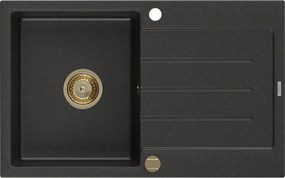 Mexen Bruno, granitový dřez 795x495x200 mm, 1-komorový, černá se zlatou metalízou a zlatým sifonem, 6513791010-75-G