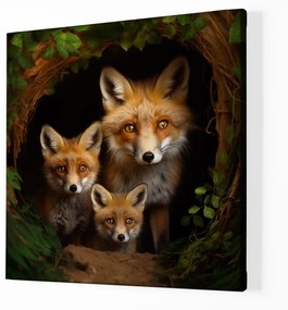 Obraz na plátně - V liščí noře, liška s liščaty FeelHappy.cz Velikost obrazu: 80 x 80 cm