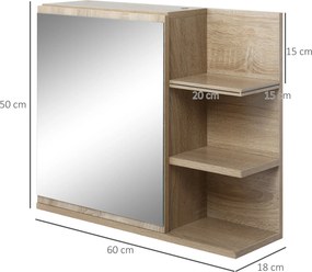 Kleankin koupelnová skříňka se zrcadlem, moderní skříňka se 3 otevřenými policemi a 1 vnitřní policí, 60x18x50 cm, přírodní