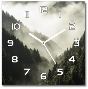 Wallmuralia Skleněné hodiny na stěnu Mlha nad lesem 30x30 cm