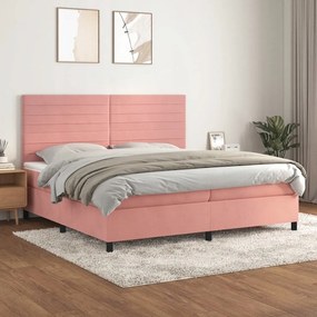 Box Spring Postel S Matrací Samet Růžová vodorovné pruhy 200 x 200 cm