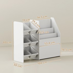 Police na hračky, police do dětského pokoje se 6 kontejnery, police na knihy, rolovací box, 100 x 30 x 80 cm, MDF, ocel, bílá barva