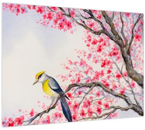 Obraz - Ptáček na stromě s červenými květy (70x50 cm)