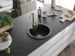 Mexen Diego, granitový dřez 488x488x167 mm, 1-komorový, černá-stříbrná metalíza se zlatým sifonem, 6512481000-73-G