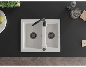 Mexen Carlos, granitový dřez 582x475x177 mm, 1,5-komorový, bílá s černým sifonem, 6518581500-20-B