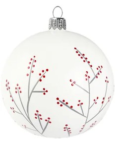 Skleněná vánoční ozdoba Baňka s větvičkami cesmíny - GLASSOR - 8 cm, bílá, čirá