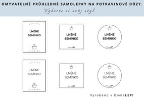 LNĚNÉ SEMÍNKO - omyvatelná samolepka na dózu, výběr rozměrů Ø 5 cm / 5 x 5 cm / 6 x 8 cm | DomaLEP tvar: KOLEČKO, barva: PRŮHLEDNÁ - ČERNÉ písmo, velikost: Ø 5 cm - tučné písmo