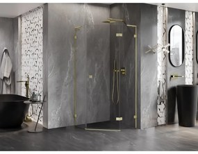 Mexen Lunar, L pravý výklopný pětiúhelníkový sprchový kout 100x100 cm, 8mm čiré sklo, zlatý matný profil, 831L-100P-100L-55-00-P