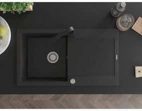 Mexen Leo, dřez granitový 900x500x190 mm, 1-komorový, černá s chromovým sifonem a černá dřezová baterie Rita, 6501-77-670300-70