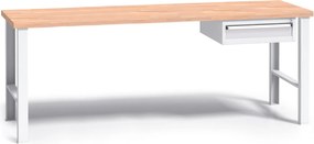 Pracovní stůl do dílny G3 se závěsným boxem na nářadí, buková spárovka, 1 zásuvka, pevné kovové nohy, 2000 mm, šedá
