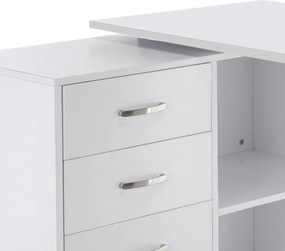 HOMCOM Bílý Moduární Rohový Rovný Stůl Jídelní Stůl 2 v 1 Počítačový Stůl 3 Šuplíky + 2 Polic MDF