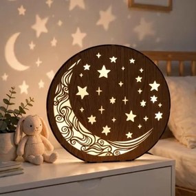 Dřevěná LED stolní lampa Měsíc a hvězdy – Noční lampa| SENTOP LED0612