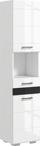 Kleankin sloupec pro úsporu místa do koupelny z MDF, koupelnová skříň s otevřenou policí, zásuvkou a uzavřenou skříňkou, 37x32,5x170 cm, leskle bílá |