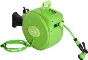 Zatahovací zahradní hadicový naviják Outsunny s 20m hadicí, stěnový naviják s 180° otočením, automatický hadicový naviják pro zavlažování, plast, zele