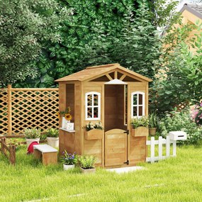 Outsunny dětský domeček, zahradní domek ze dřeva s dveřmi a okny, lavičkou, poštovní schránkou, plotem, pro děti od 3 do 6 let