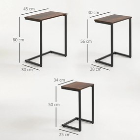 HOMCOM Sada 3 odkládacích stolků ve tvaru C v industriálním designu, prostorově úsporné, s ocelovým rámem, rustikálně hnědé do obývacího pokoje | Aos…