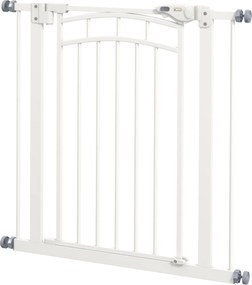 PawHut Rozšiřitelná bezpečnostní brána pro psy 74-80 cm, dvojité zamykání, automatické zavírání, tlaková montáž pro schody, výška 76 cm, bílá