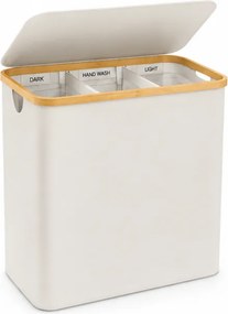 koš na prádlo, objem 180+ l, s víkem, 3 odnímatelné tašky, látka/bambus, 75x58x40 cm, béžová/přírodní, Dekorino KP20260004