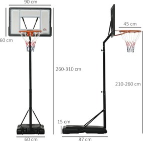 Basketbalový koš HOMCOM s nastavitelnou výškou 260-310 cm a funkcí rolování, stabilní stojan pro zahradu a sportoviště | Aosom.de