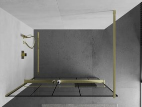 Mexen Kioto+, sprchová zástěna Walk-In s poličkou a věšákem 100 x 200 cm, 8mm čiré sklo černý vzor, ​​zlatý matný profil, 800-100-121-55-78