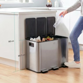 HOMCOM 3-komorový 20L kuchyňský pedálový koš se 3 tiše zavírajícími víky z nerezové oceli a PP, 61,9 x 36,6 x 56,7 cm, Stříbrná