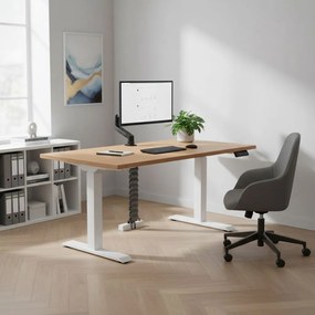 Výškově nastavitelný stůl OfficeTech D, 140 x 80 cm, bílá podnož, buk