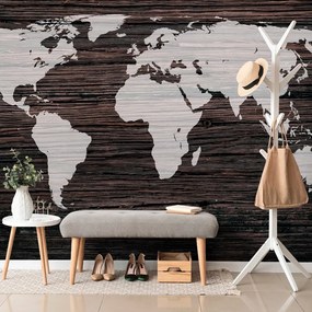 Samolepící tapeta mapa světa na dřevě - 150x100 cm