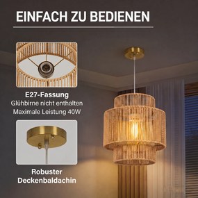 HOMCOM Závěsná lampa, 3stupňové stínidlo, kov, konopné lano, světle hnědá B31-521V01LR