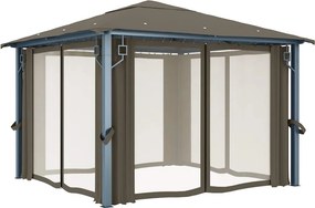 Altán se závěsy a světelnými LED řetězy 3 x 3 m taupe hliník 3070334
