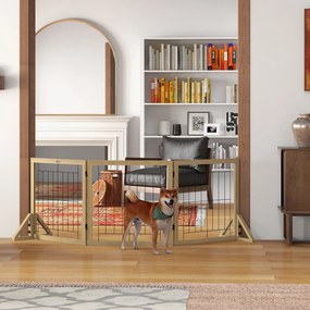 PawHut Dřevěná bariéra pro psy 210x70 cm Skládací brána pro domácí zvířata se 3 panely, oboustranným sklápěním a trojúhelníkovými podpěrnými nohami p…