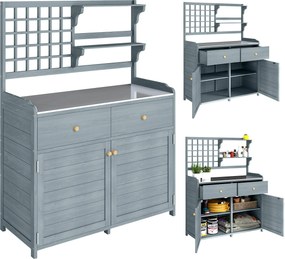 Outsunny světle šedý zahradní stůl na přesazování se skříňkou a pozinkovanou pracovní deskou, 2 zásuvky — 104 x 44 x 140 cm | Aosom