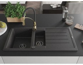 Mexen Andres, 1,5-komorový granitový dřez 1000x500x200 mm a dřezová baterie Aster, černá skvrnitá, 6515-76-73450-57-B