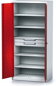 Alfa 3 Policová dílenská skříň 2-dveřová MECHANIC, 5 polic, 2 zásuvky, 920 x 500 x 1950 mm, červené dveře