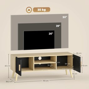 HOMCOM TV nábytek, TV stolek z dřeva až do 127 cm s přihrádkami, 2 skříněmi a průchody pro kabely, dub