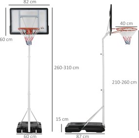 HOMCOM Basketbalový koš pro dospělé s nastavitelnou PVC tabulí 90x60x260-310cm a integrovanými kolečky Bílý