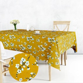 Ervi bavlněný ubrus na stůl čtvercový - květiny na hořčici