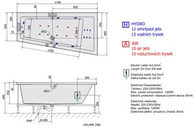 Polysan ANDRA R HYDRO-AIR hydromasážní vana, 170x90x45cm, bílá 81511HA