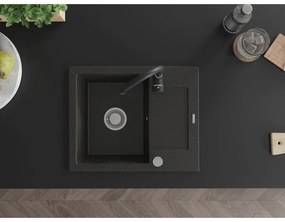 Mexen Enzo, 1-komorový granitový dřez s odkapávačem 58x47 cm a kuchyňskou baterií Telma, černá-zlatá, 6506-75-670200-70