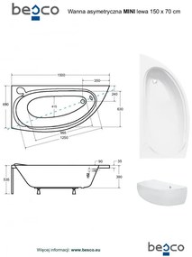 BESCO Asymetrická vana MINI Nožičky k vaně - S nožičkami, Rozměr vany - 150 × 70 cm, Způsob provedení - Levé VANMINI150L+OLVPINOZ