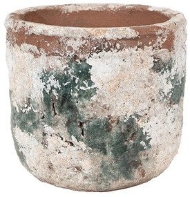 Béžovo-zelený kameninový obal na květináč s patinou Jurrien VII M – 14x12 cm