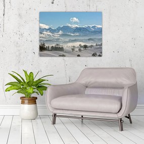 Skleněný obraz zasněžených hor (70x50 cm)