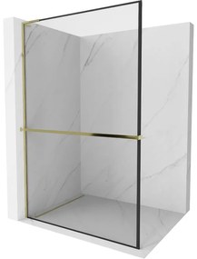 Mexen Kioto+ L, sprchová zástěna Walk-In s poličkou a věšákem 110 x 200 cm, 8mm čiré sklo černý vzor, ​​zlatý lesklý profil, 800-110-123-50-70